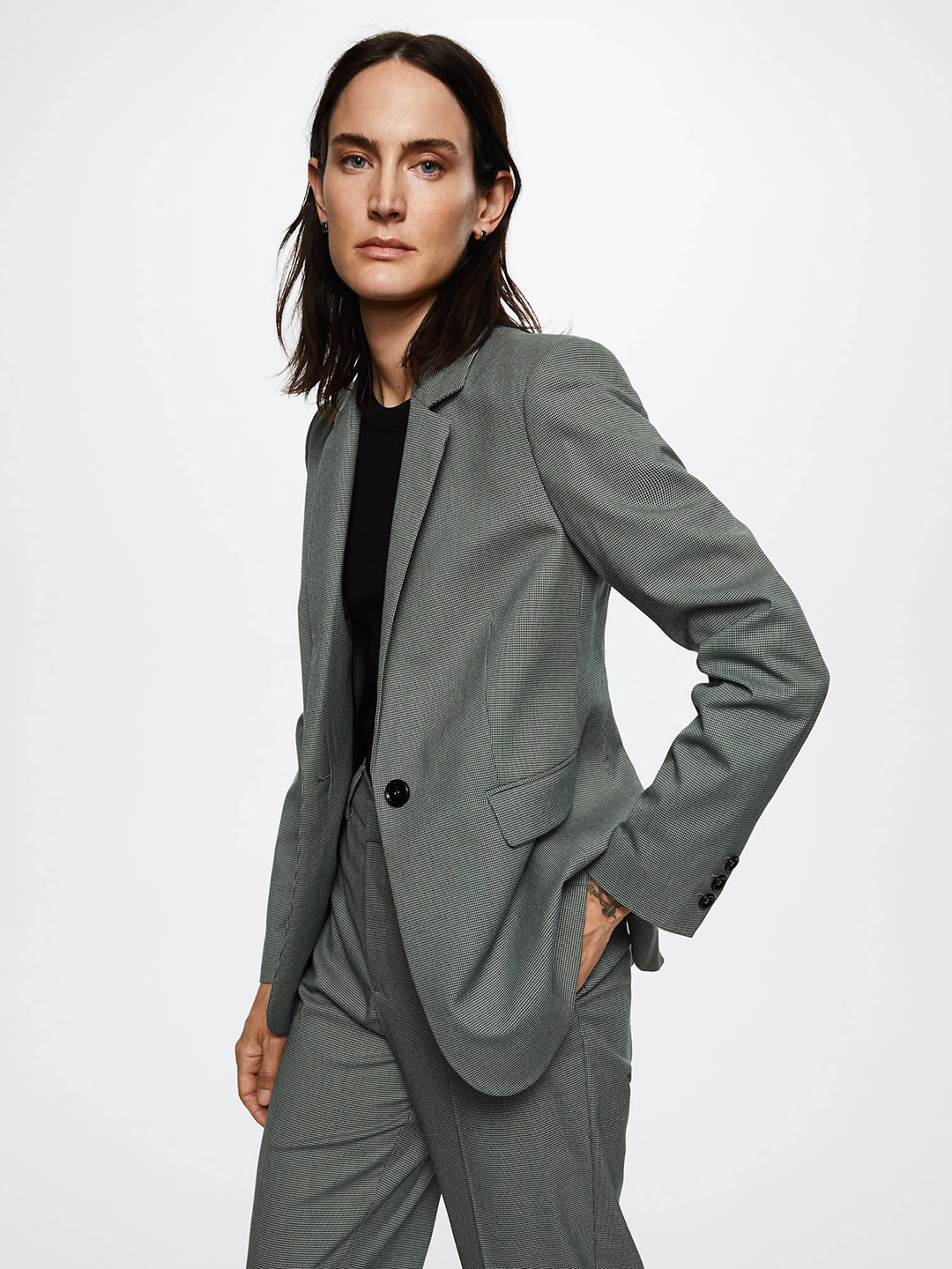 Buy MANGO Women Charcoal Grey Solid Single Breasted Blazer - Blazers ...