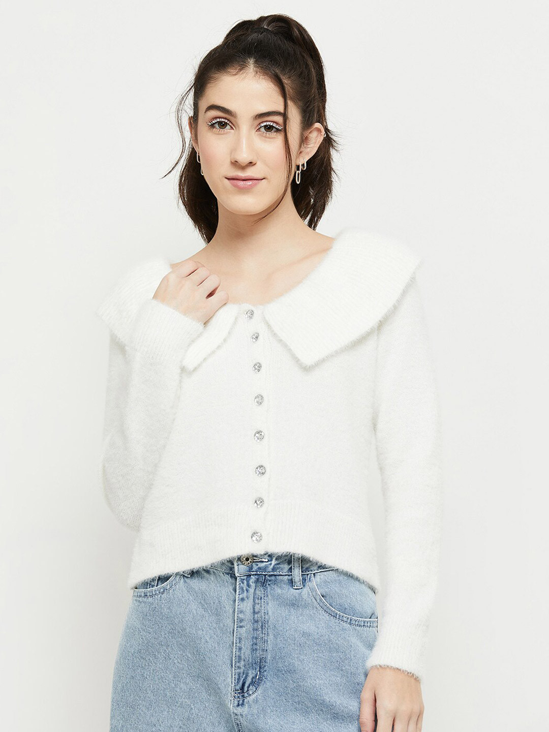 Buy Max Women Cream Coloured Cardigan With Fuzzy Detail - Sweaters for ...