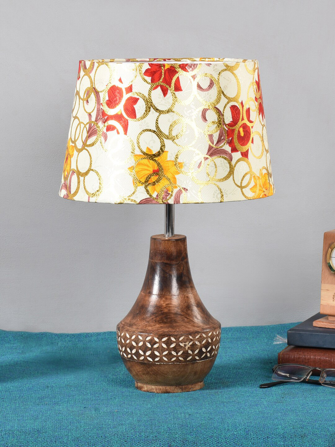 Buy Foziq Brown & White Floral Printed Wooden Table Lamp - Table Lamps ...