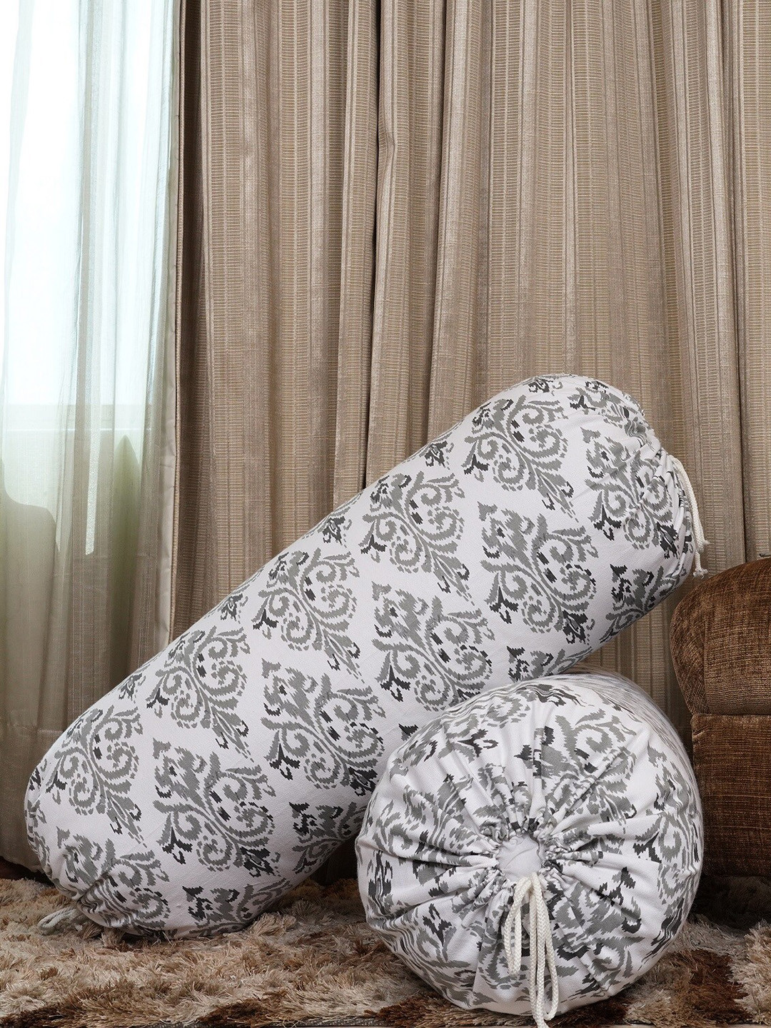 Buy HOMEMONDE Set Of 2 Grey Self Design Cotton Bolster Covers - Bolster ...