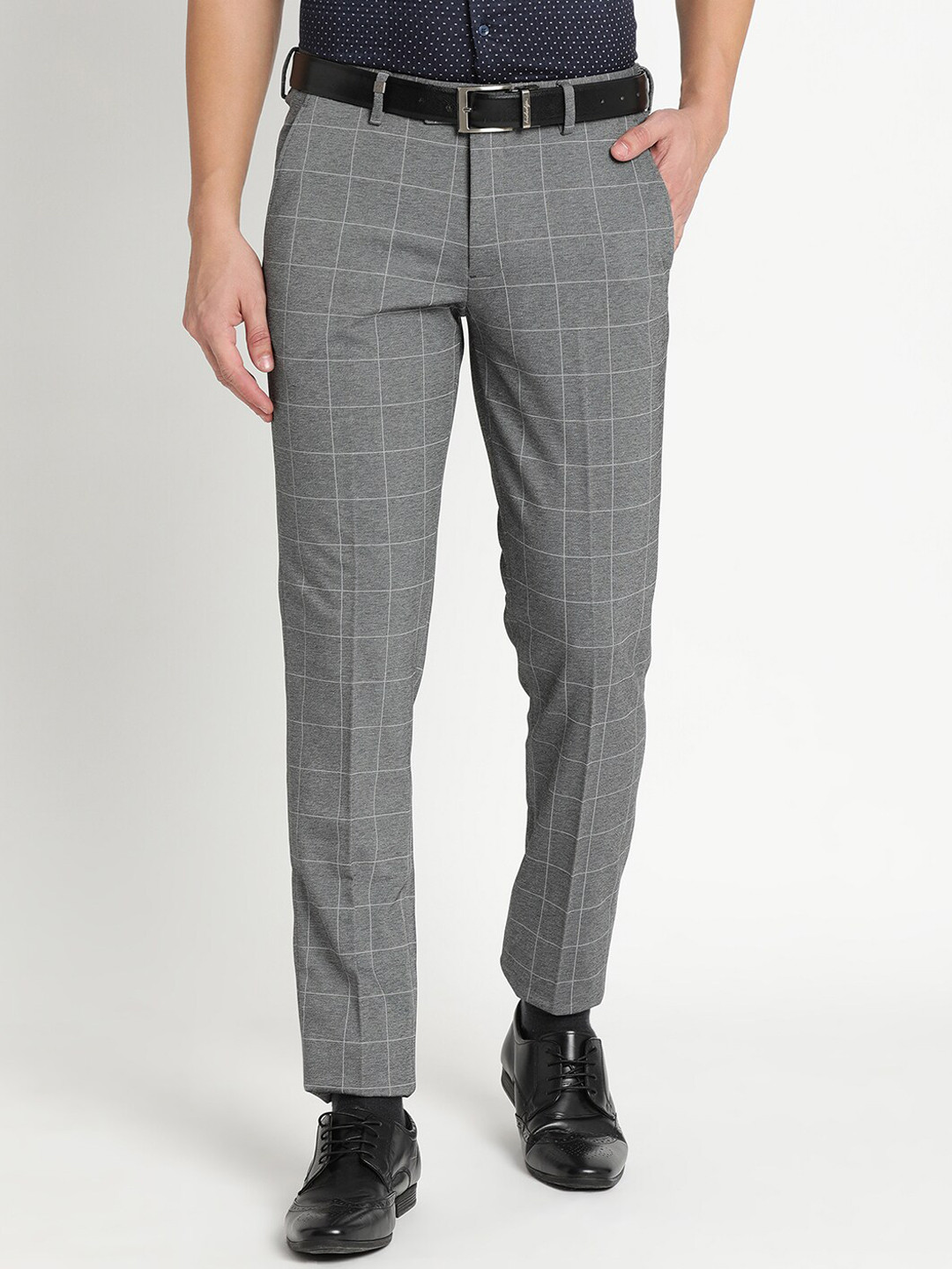 Buy Turtle Men Grey Checked Tailored Skinny Fit Formal Trousers ...