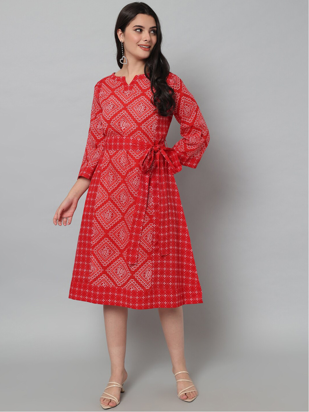 Buy HELLO DESIGN Red Ethnic Motifs Cotton Ethnic A Line Dress - Ethnic Dresses for Women ...