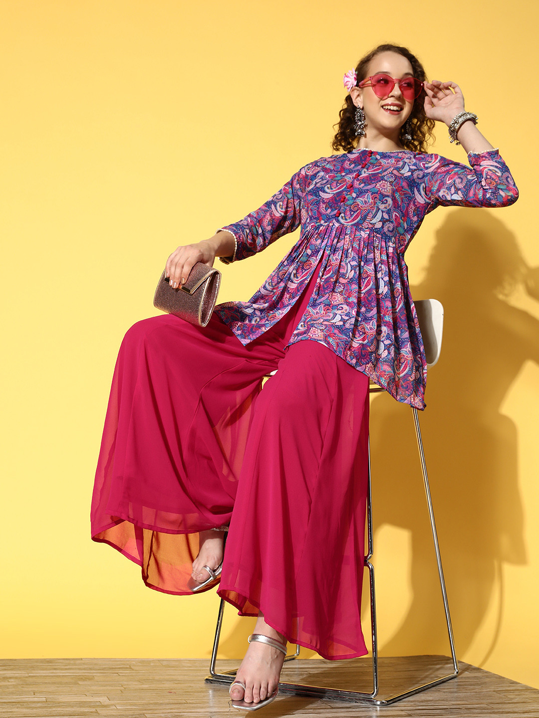 Buy Inddus Women Blue Floral Printed High Slit Kurti With Palazzos ...