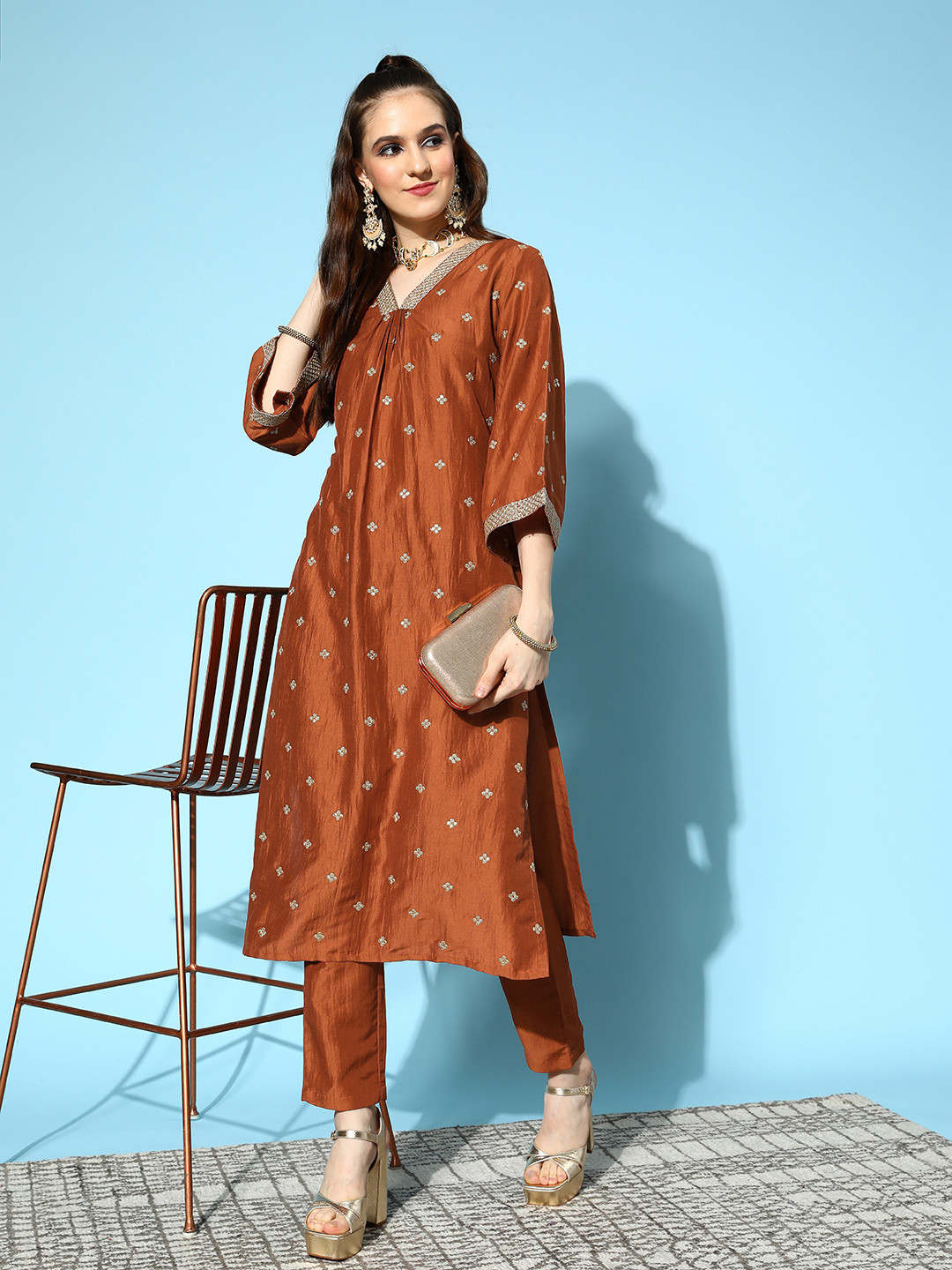 Buy Inddus Women Rust Ethnic Motifs Embroidered Kurta With Trousers ...
