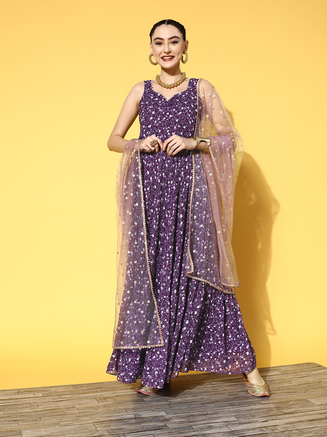 Buy Inddus Women Mauve Ethnic Motifs Printed Georgette Kurta With ...