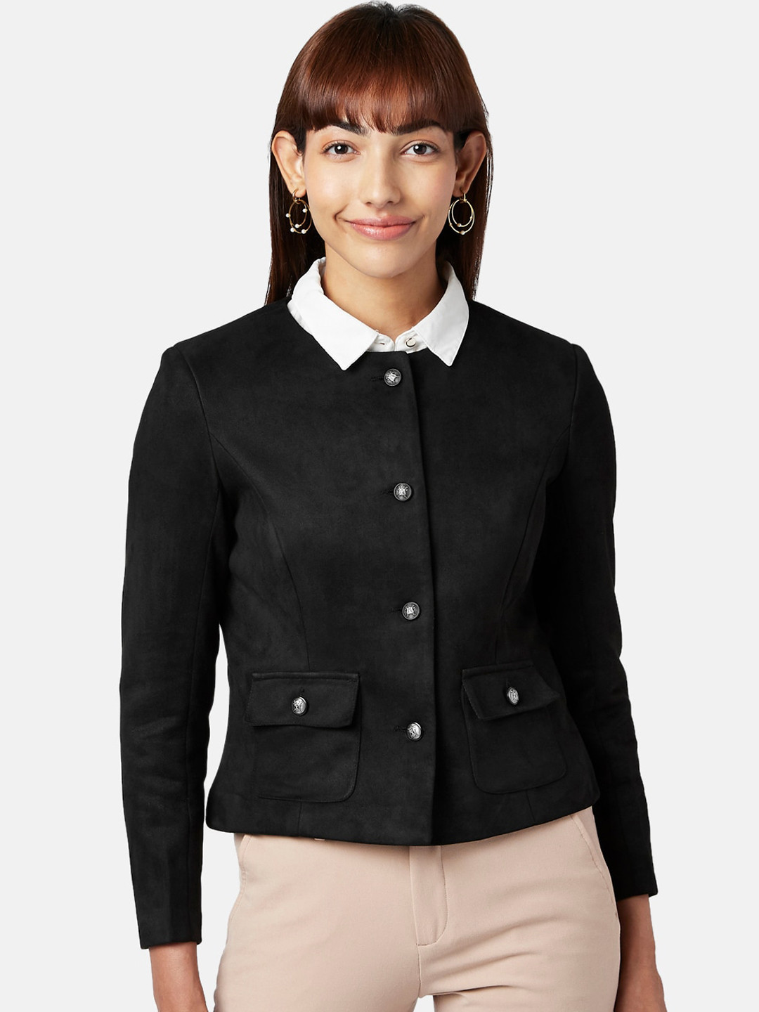 Buy Annabelle By Pantaloons Women Black Solid Leather Jacket - Jackets ...