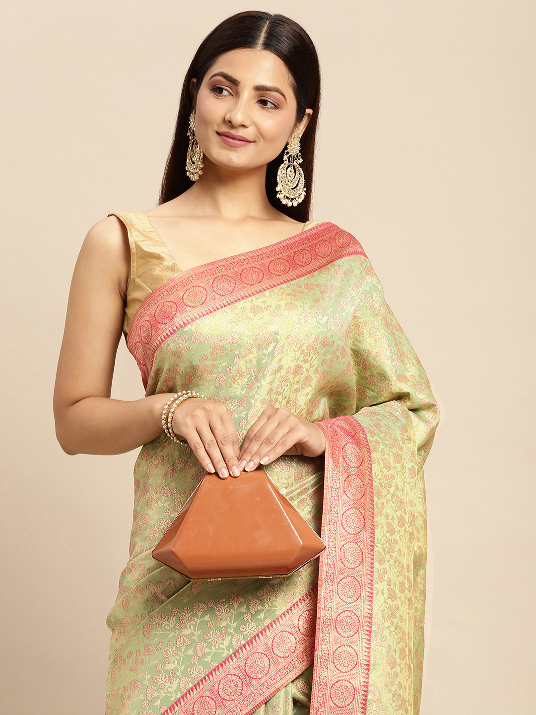 Buy MOHEY Green & Pink Floral Woven Design Art Silk Saree - Sarees for ...
