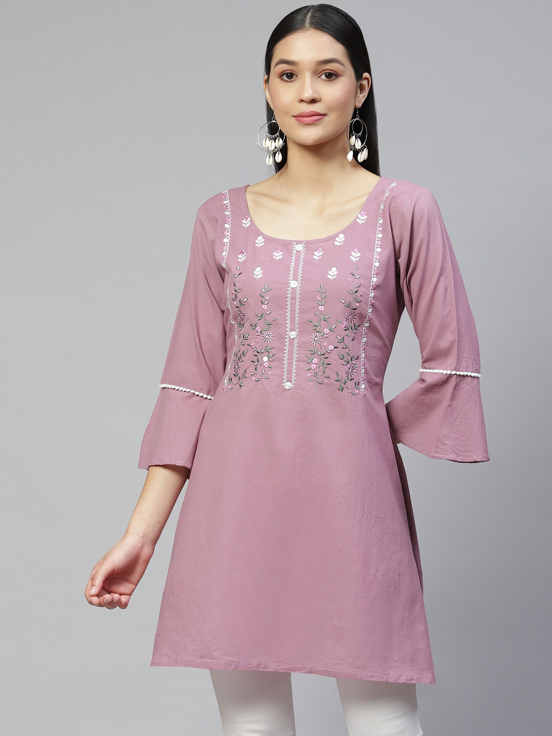 Buy Wabii Purple Embroidered Round Neck Tunic - Tunics for Women ...