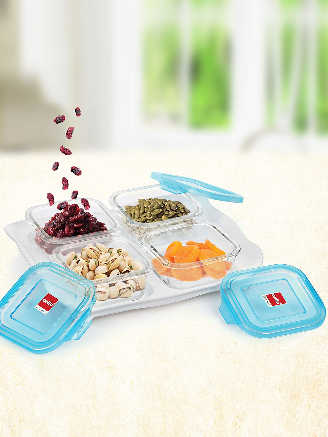 Buy Cello Artista Blue 5 Pieces Microwave Safe Glass Container & Tray ...