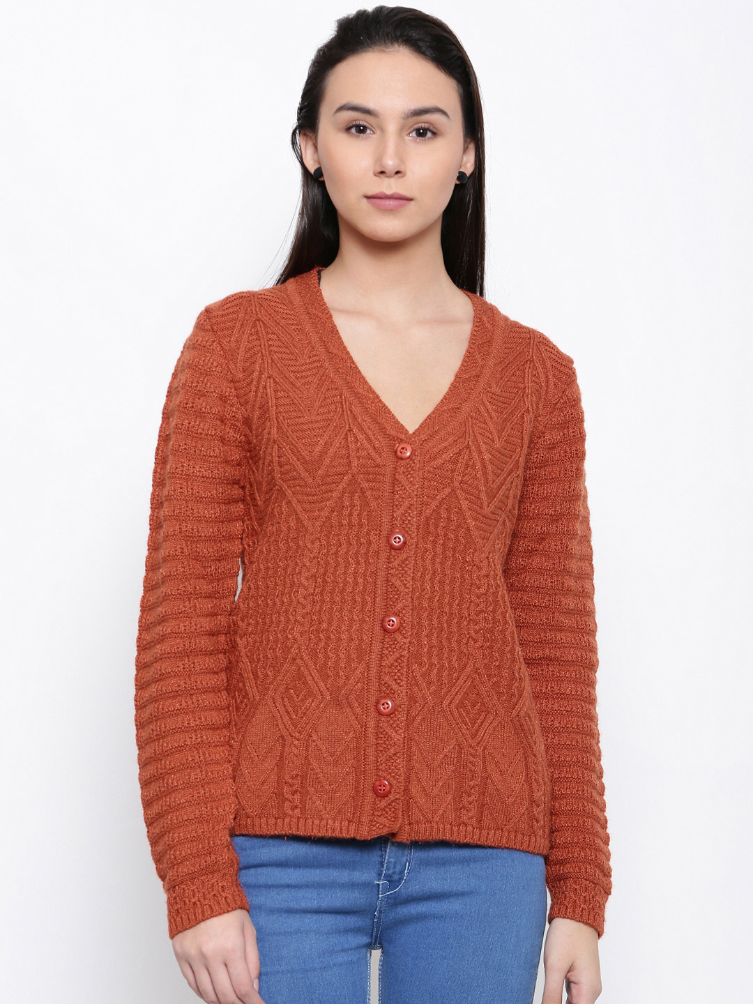 Buy Madame Women Rust Orange Self Design Cardigan - Sweaters for Women ...