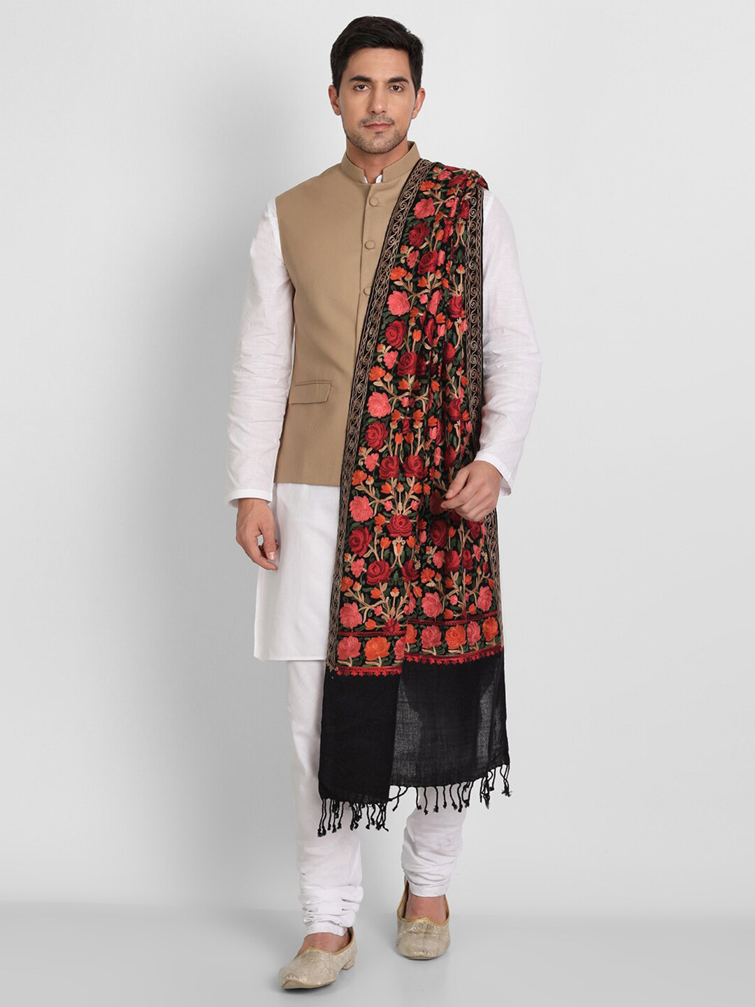 Buy Zamour Men Black & Orange Embroidered Wool Stole - Stoles for Men ...