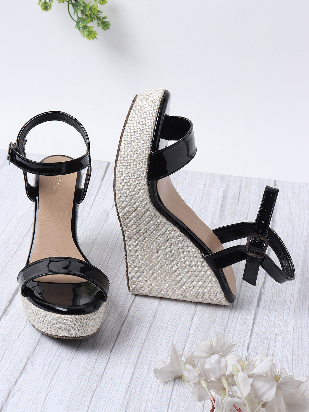 Buy ICONICS Black & Cream Coloured Colourblocked Wedge Heels With ...