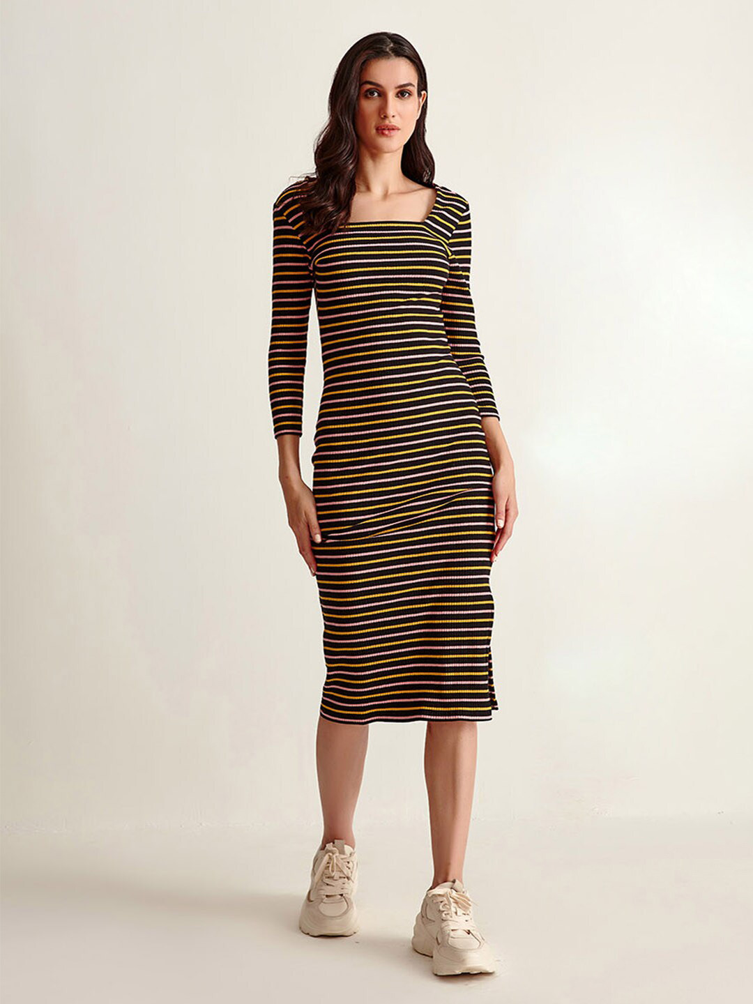 Buy COVER STORY Women Striped Cotton Bodycon Midi Dress - Dresses for ...