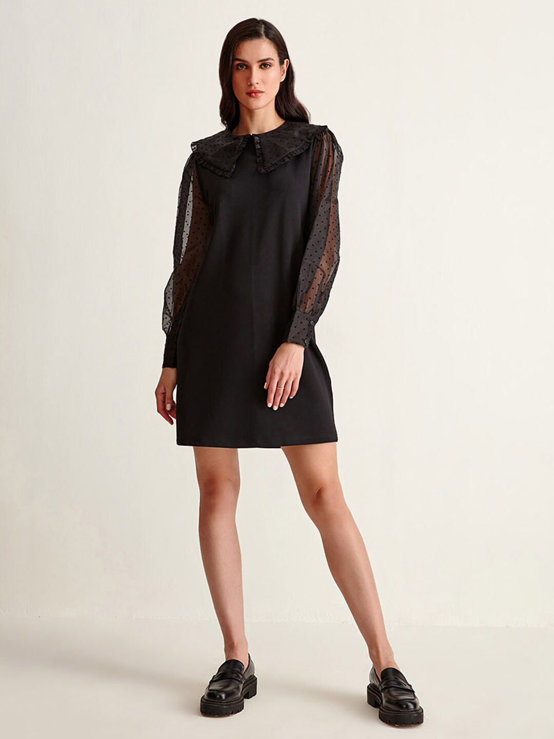 Buy COVER STORY Women Black Self Design Peter Pan Collar A Line Dress ...