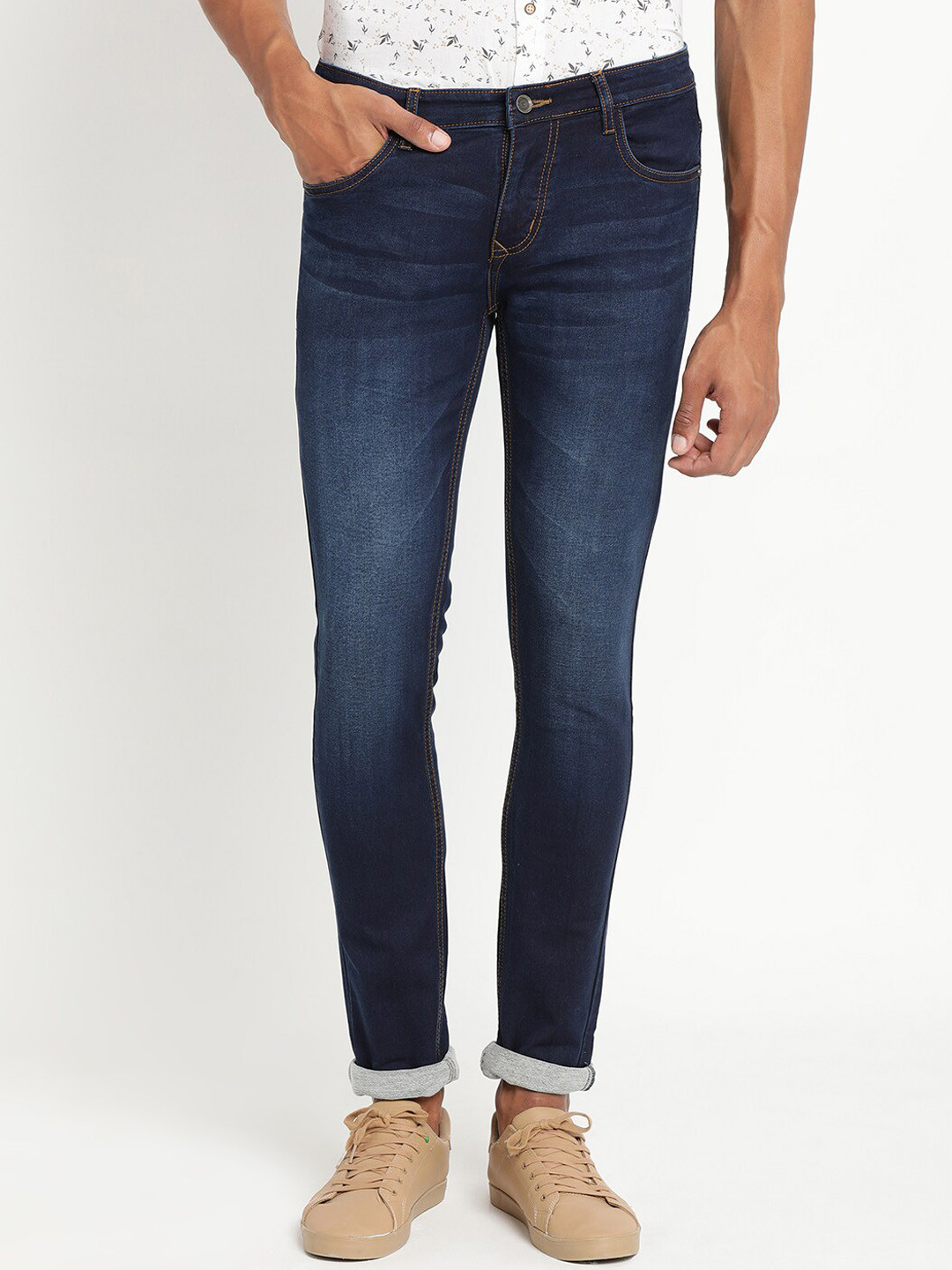 Buy Turtle Men Navy Blue Heavy Fade Narrow Tapered Fit Pure Cotton ...