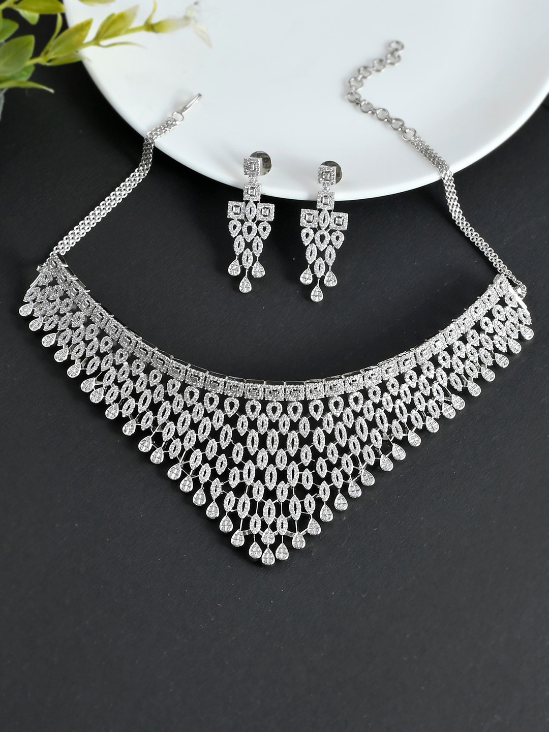 Buy Voylla Women Rhodium Plated White Stone Studded Jewellery Set ...