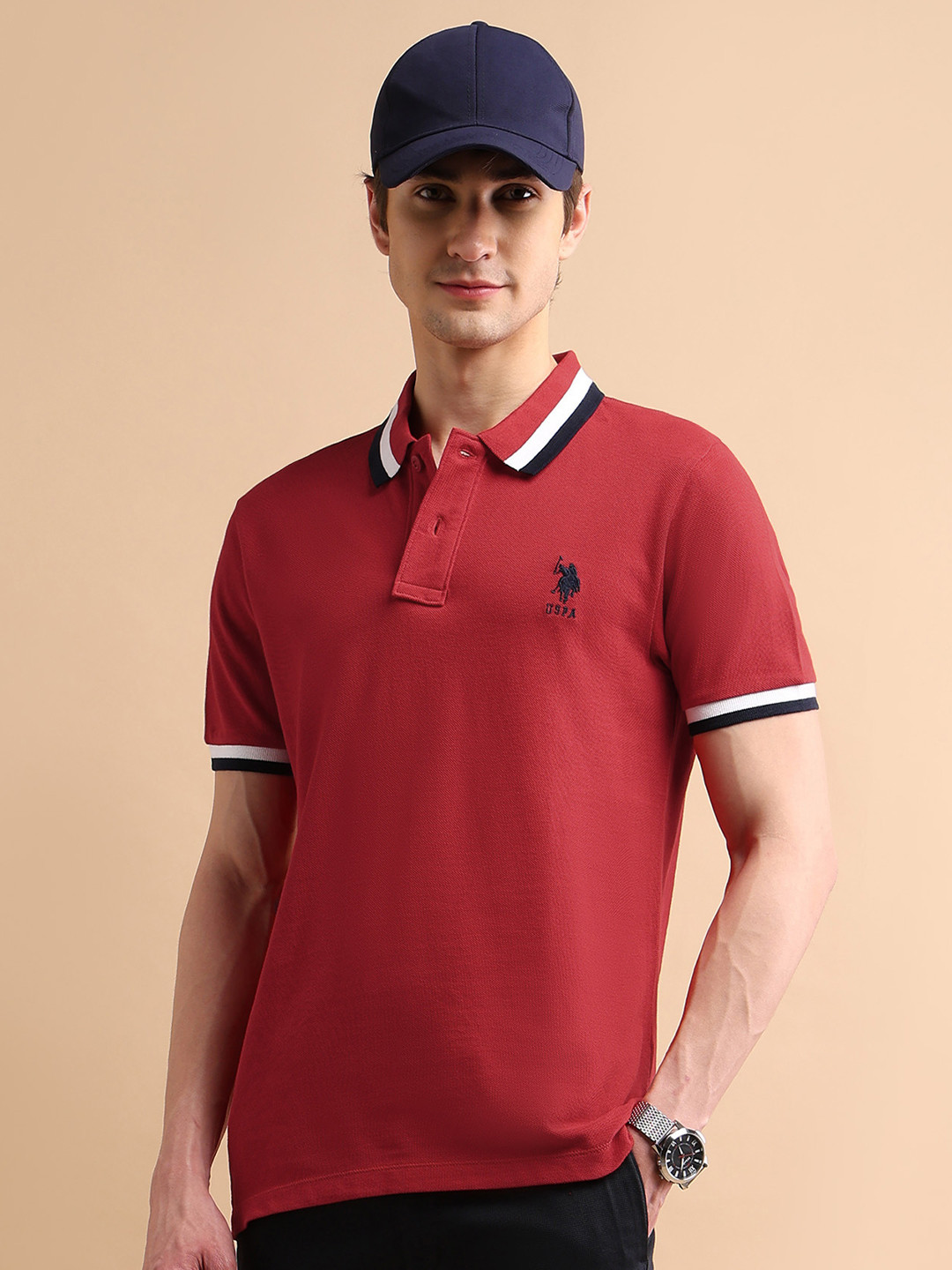 Buy U S Polo Assn Men Red Pure Cotton Heritage Tipped Polo Collar T ...