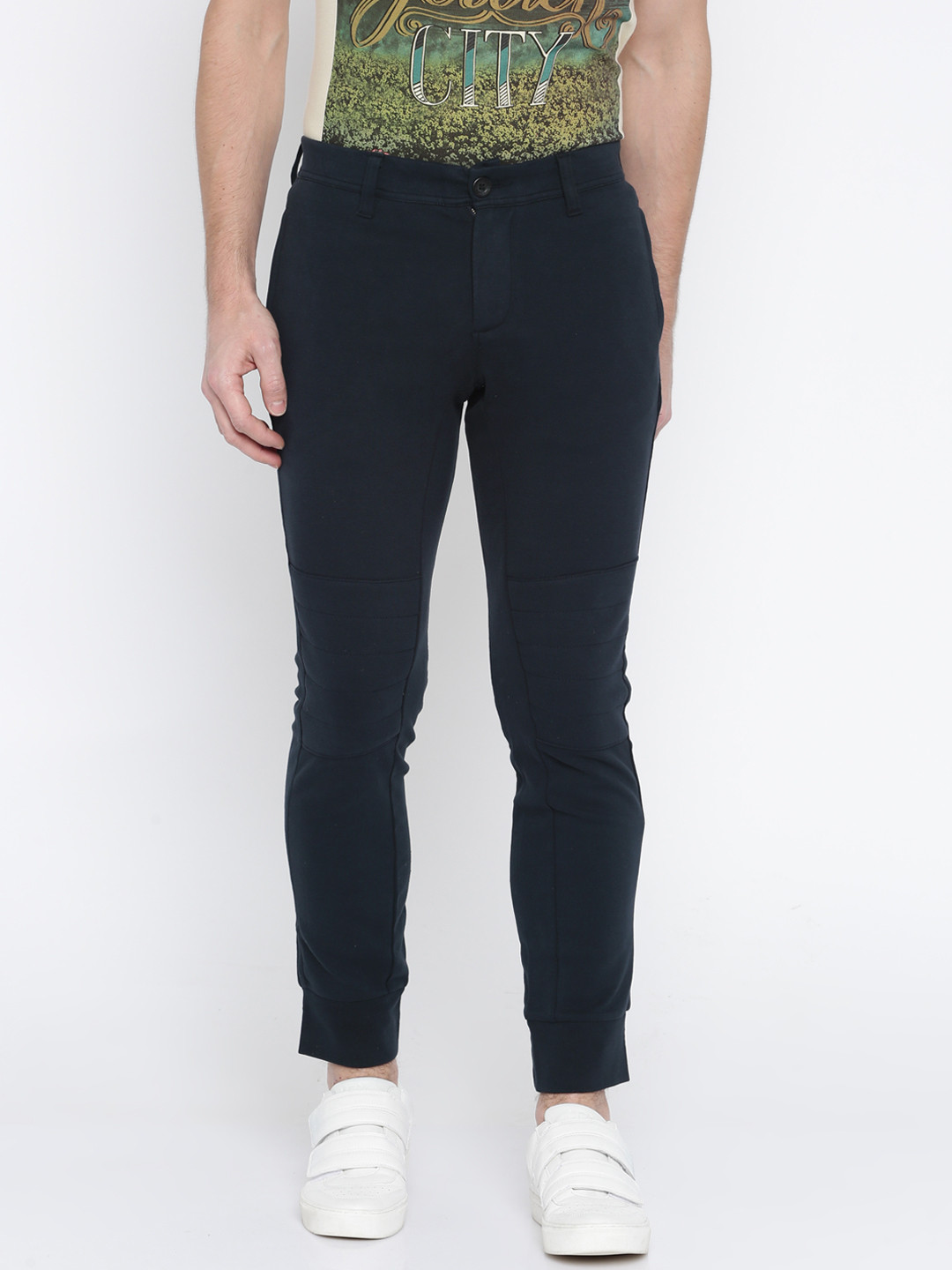 Buy Mufti Men Navy Blue Regular Fit Solid Regular Trousers - Trousers ...