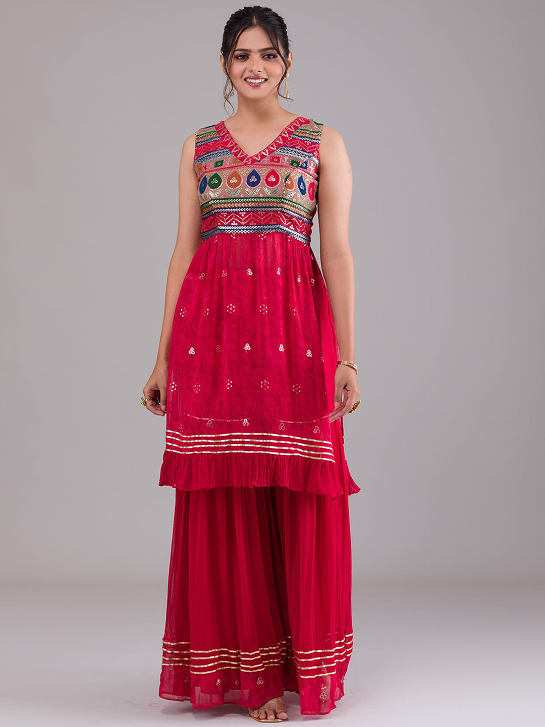 Buy Koskii Women Red Ethnic Motifs Embroidered Pleated Sequinned Kurta With Sharara & With ...