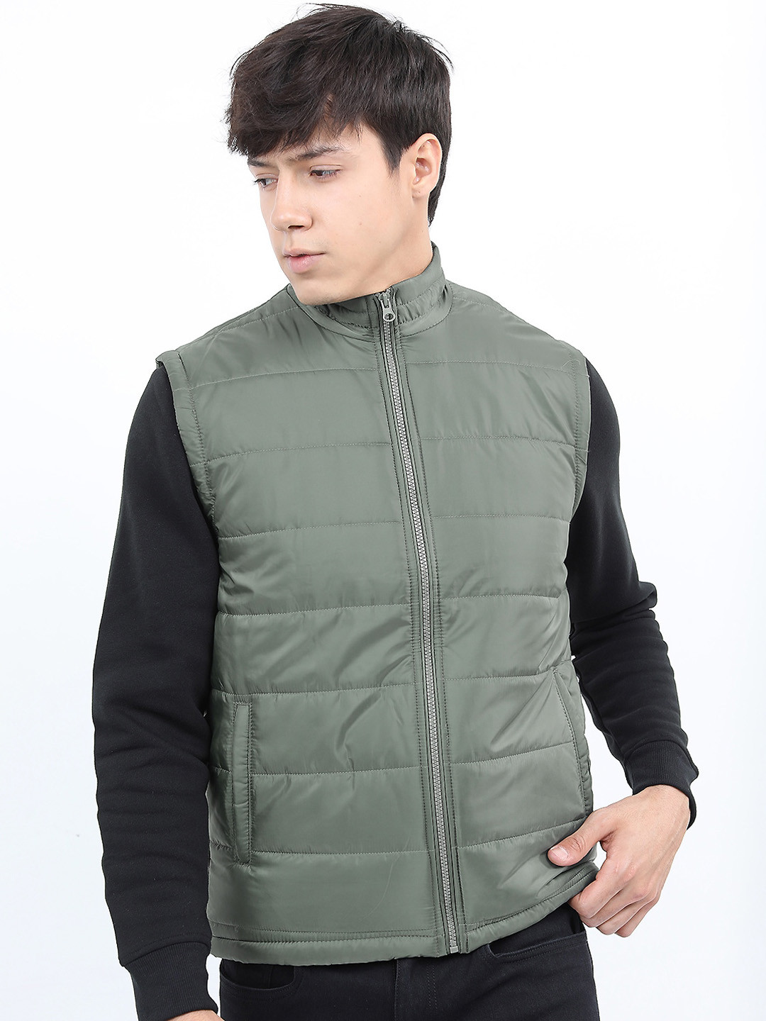 Buy KETCH Men Olive Green Solid Sleeveless Puffer Jacket - Jackets for ...