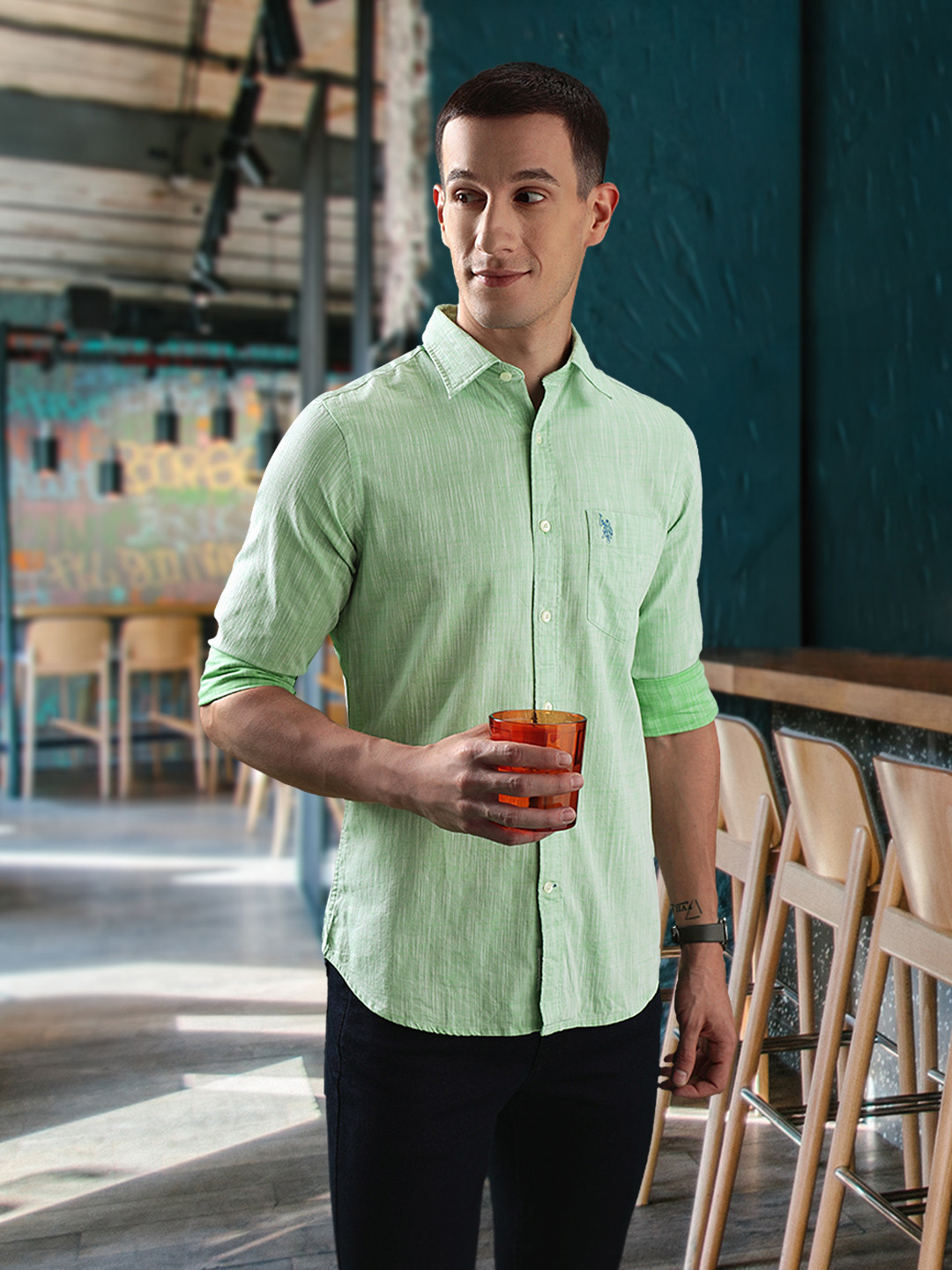 Buy U S Polo Assn Men Green And White Tailored Fit Checked Pure Cotton ...