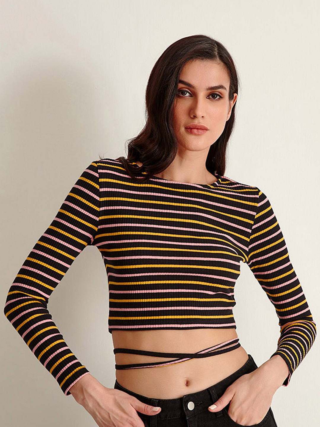 Buy COVER STORY Women Black & Yellow Striped Cotton Crop Fitted Top ...