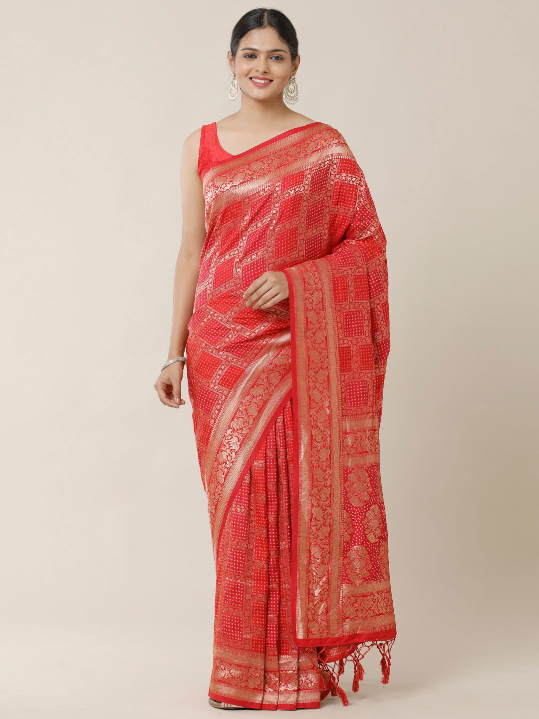 Buy SAMITTE Red & Gold Toned Woven Design Zari Saree - Sarees for Women ...