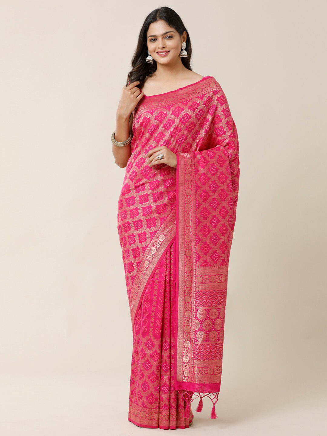 Buy SAMITTE Pink & Gold Toned Ethnic Motifs Zari Bandhani Saree ...