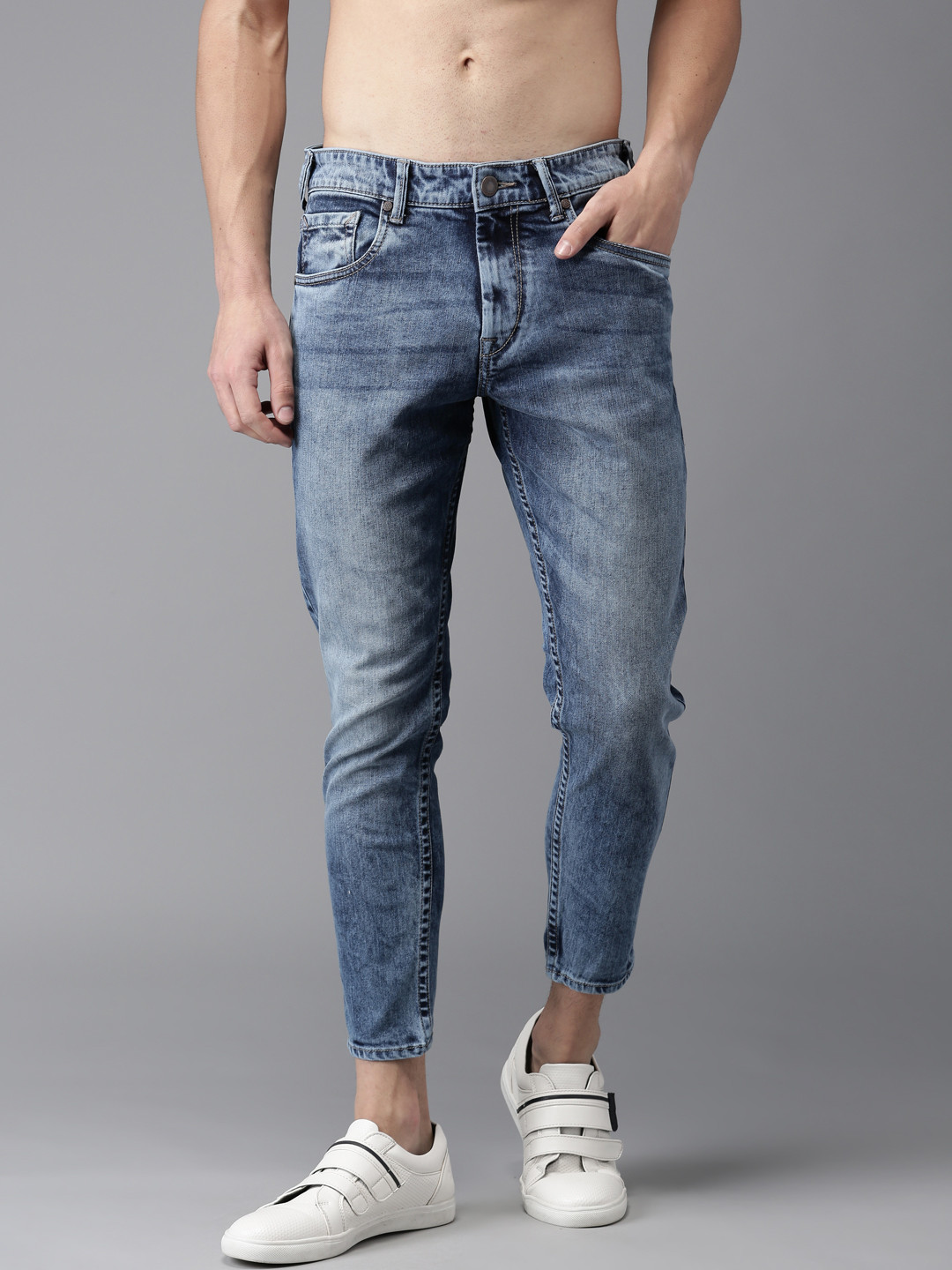 Buy HERE&NOW Men Blue Slim Tapered Fit Mid Rise Clean Look Stretchable ...