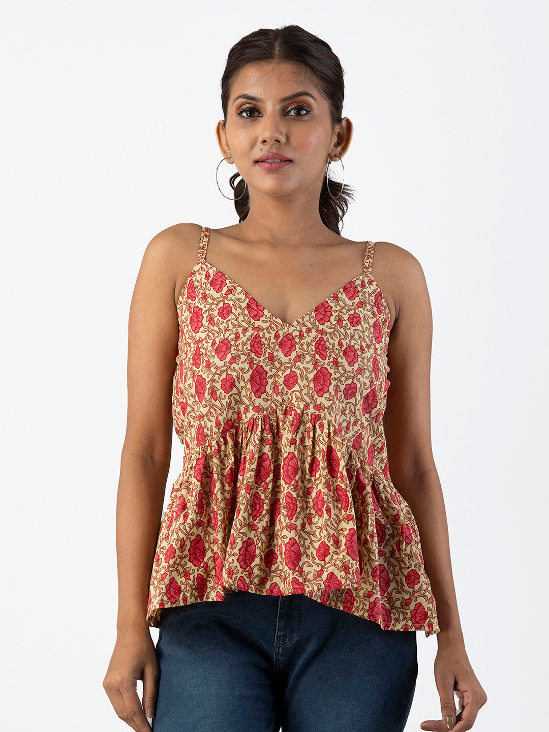 Buy OMASK Beige & Red Floral Print Cotton Indigo Top - Tops for Women ...