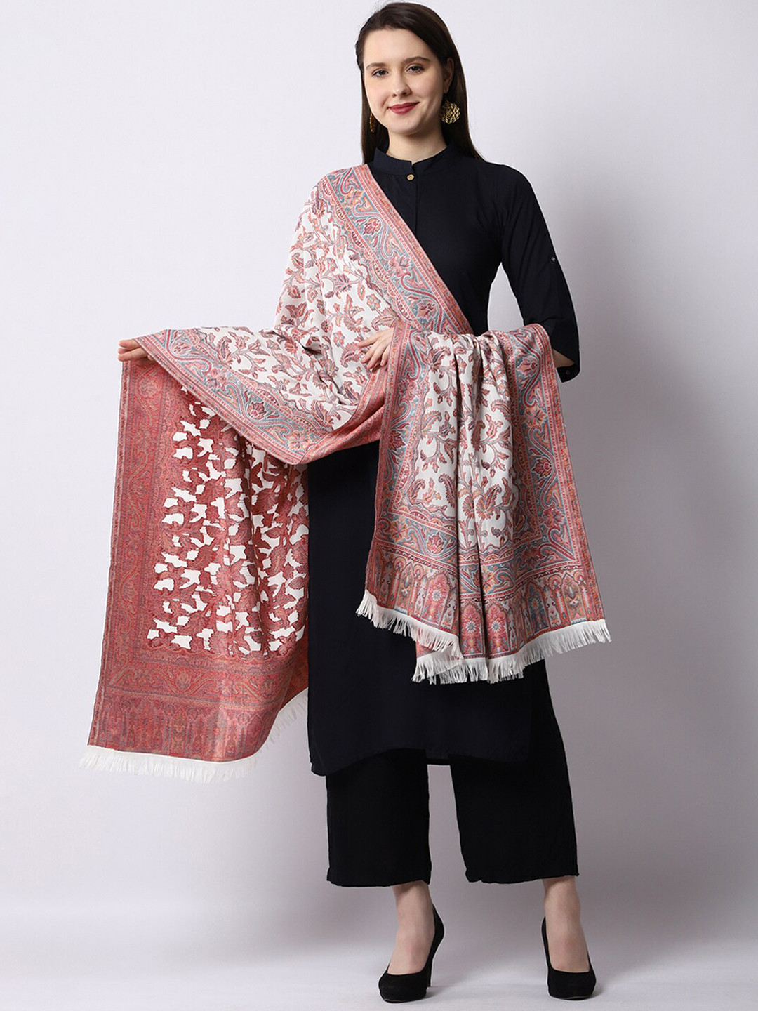 Buy Weavers Villa Women White & Red Paisley Woven Design Shawl - Shawl ...
