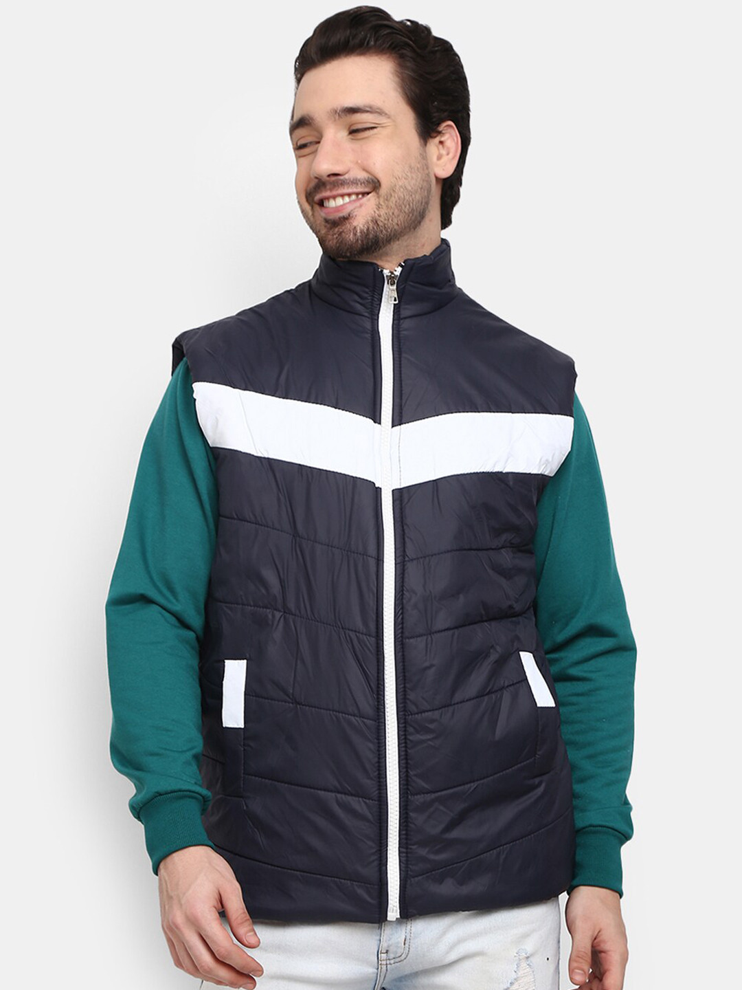 Buy V Mart Men Navy Blue White Colourblocked Outdoor Padded Jacket ...
