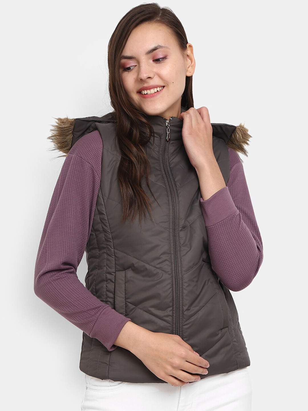 Buy V Mart Women Grey Faux Fur Trim Padded Jacket - Jackets for Women ...