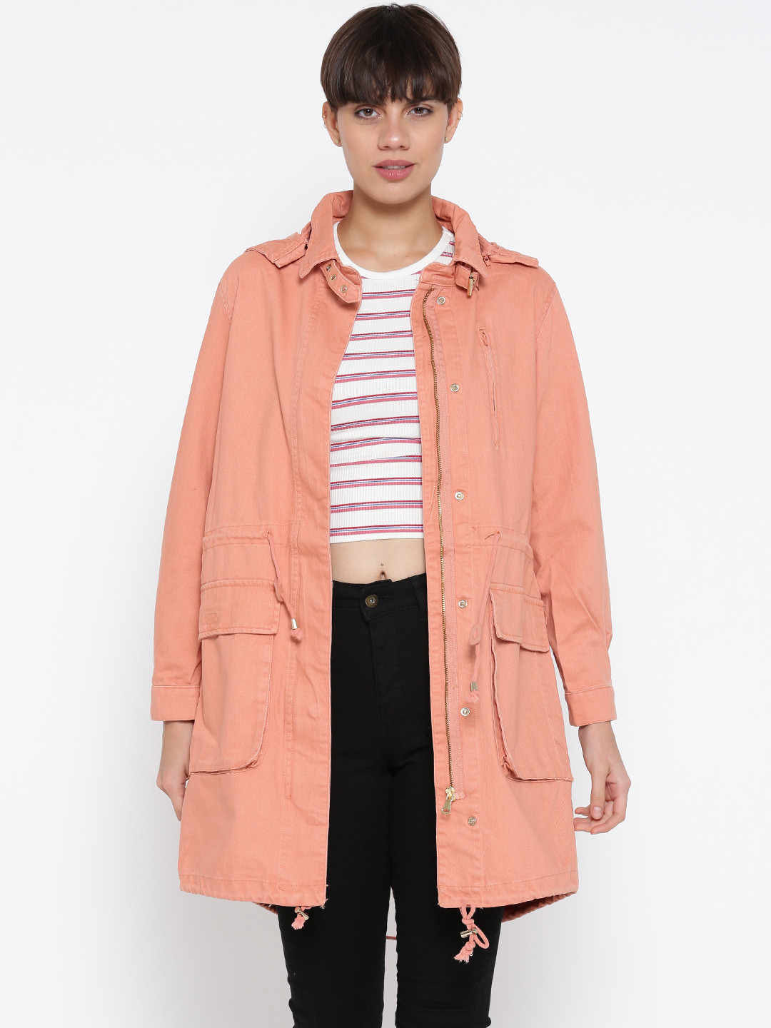 Buy FOREVER 21 Women Peach Coloured Solid Hooded Longline Denim Jacket ...
