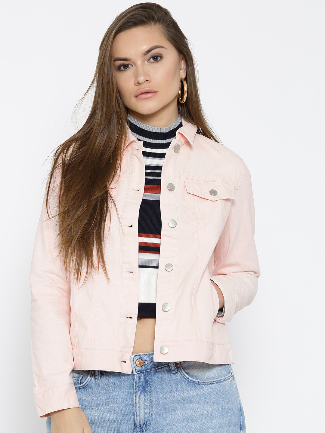 Buy FOREVER 21 Women Peach Coloured Solid Denim Jacket - Jackets for ...