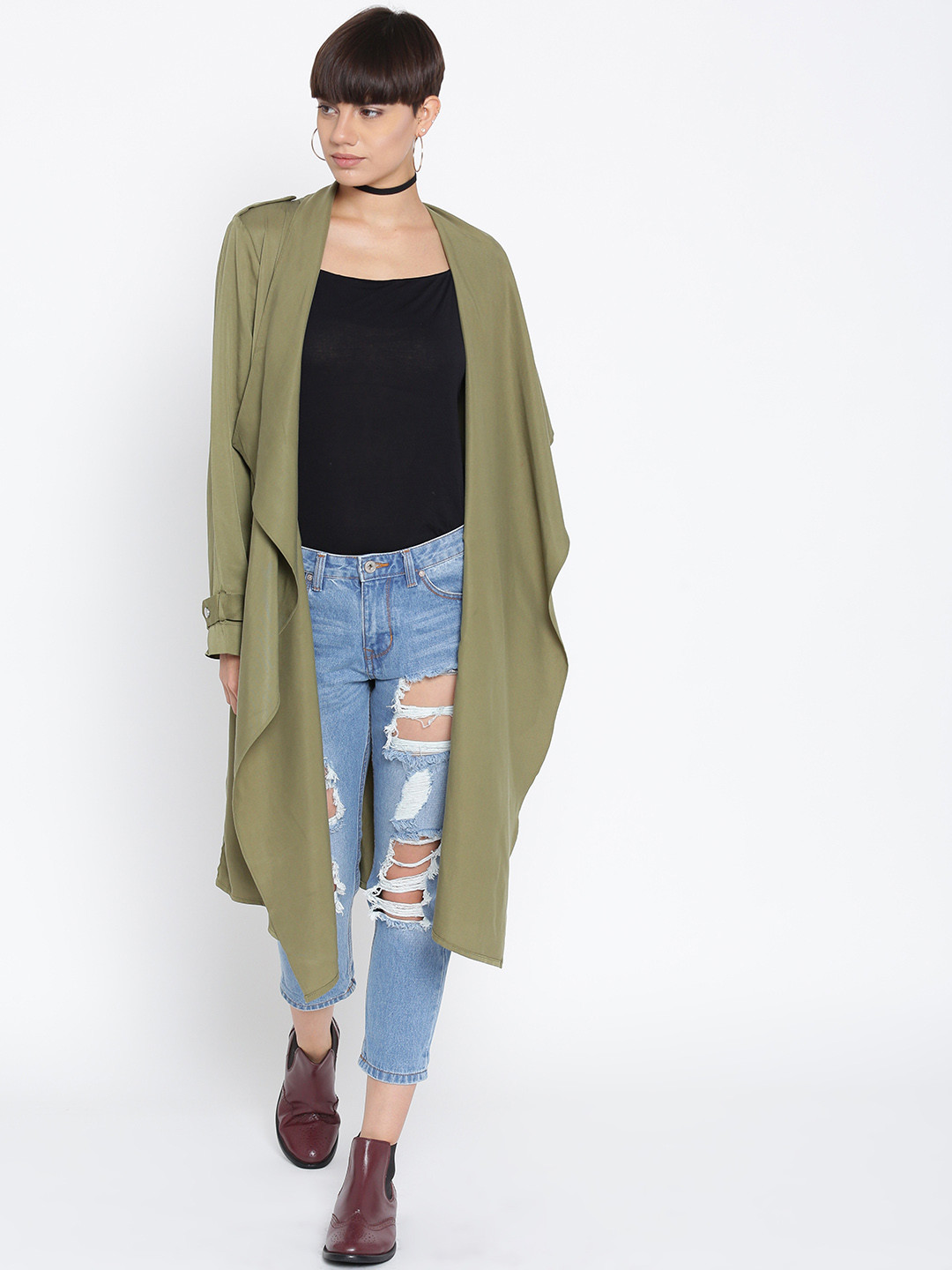 Buy FOREVER 21 Women Olive Green Solid Duster Jacket - Jackets for ...