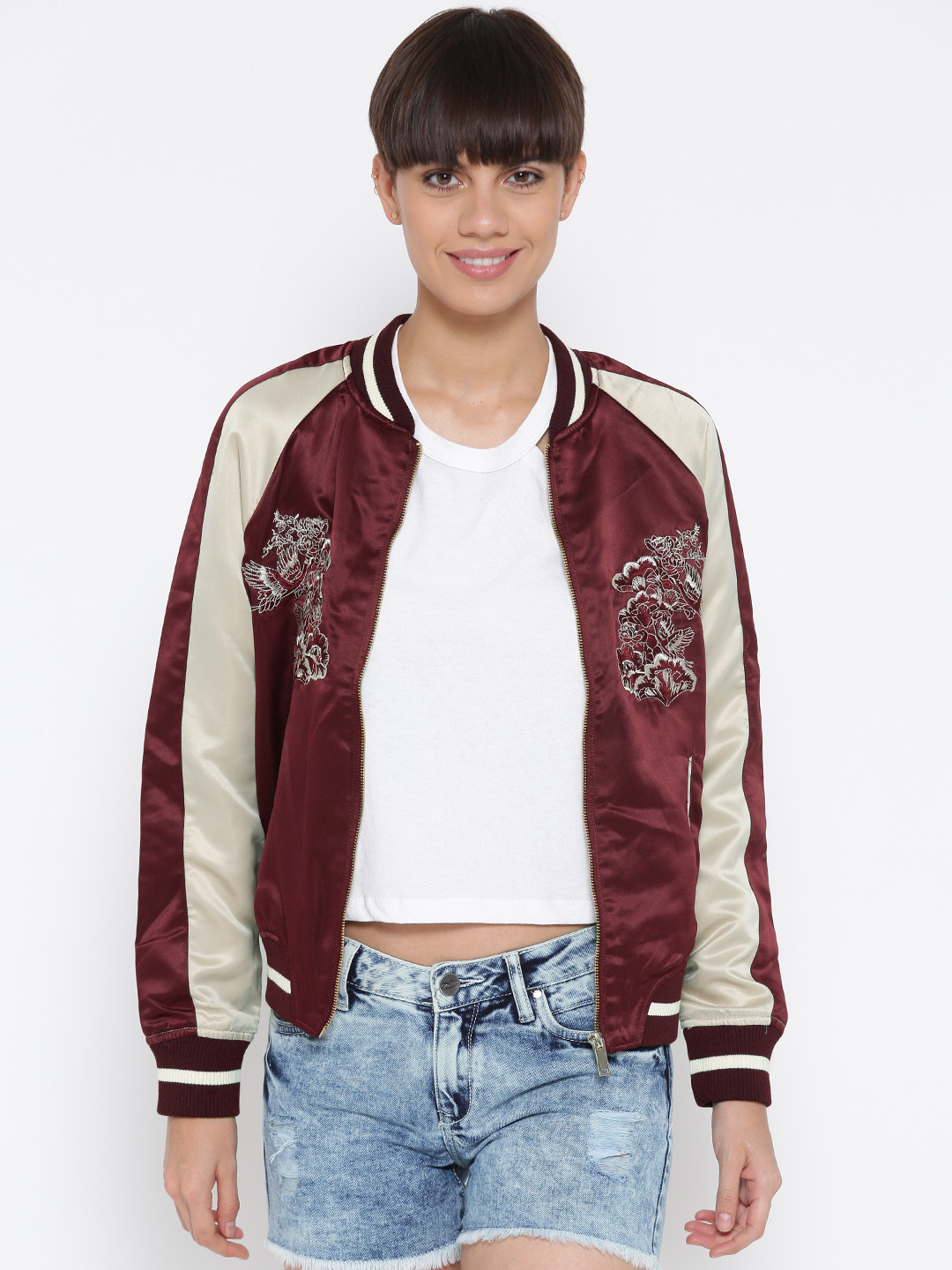 Buy FOREVER 21 Women Maroon & Beige Embroidered Bomber Jacket - Jackets ...