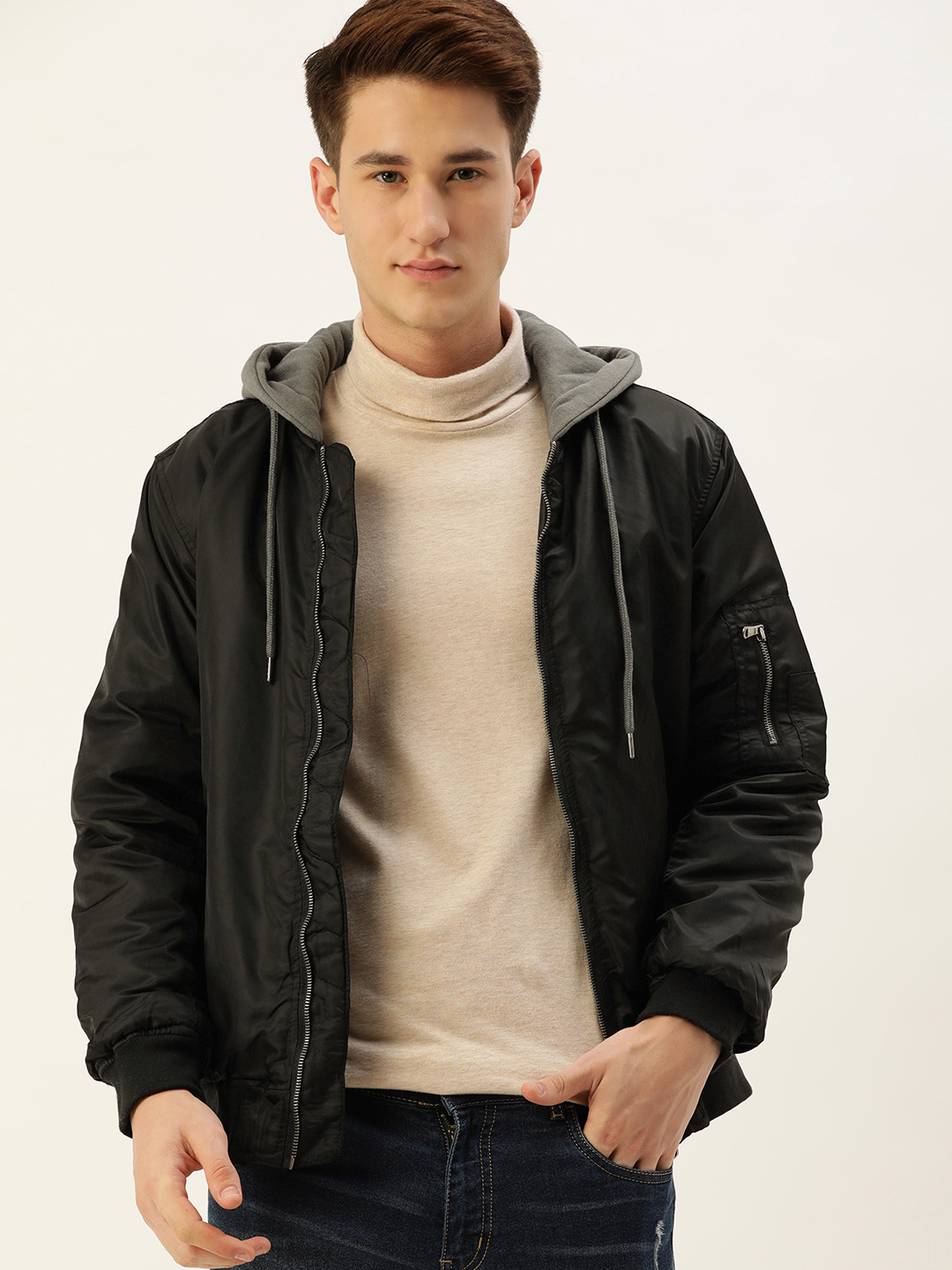 Buy FOREVER 21 Men Black Solid Hooded Bomber Jacket - Jackets for Men ...