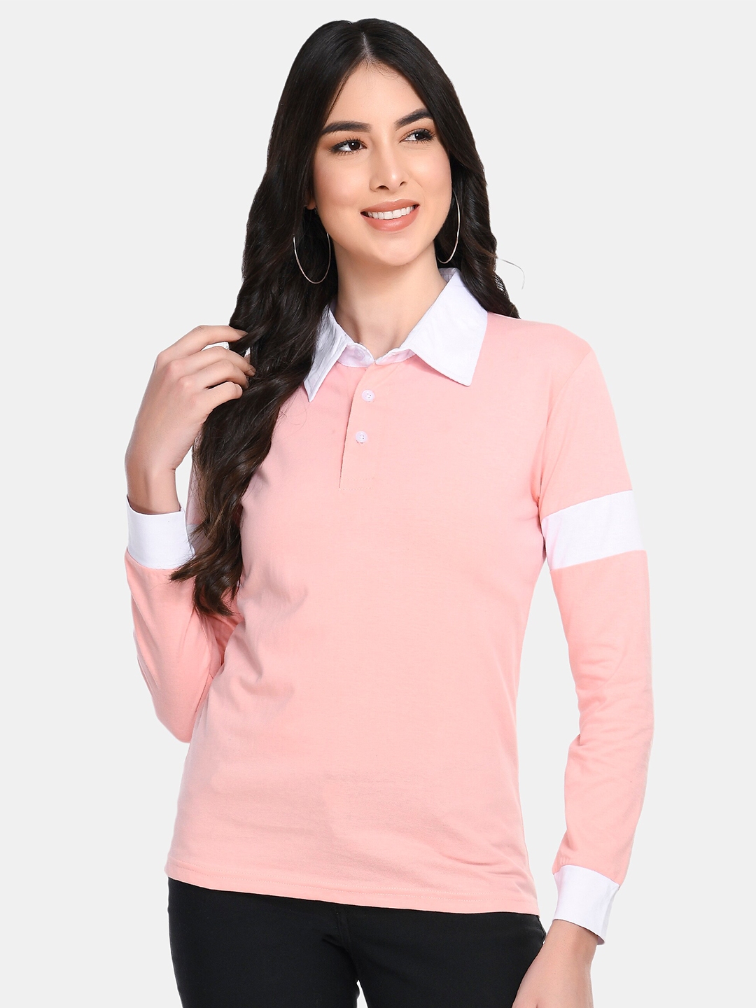 Buy Viral Trend Women Peach Coloured Polo Collar Cotton T Shirt