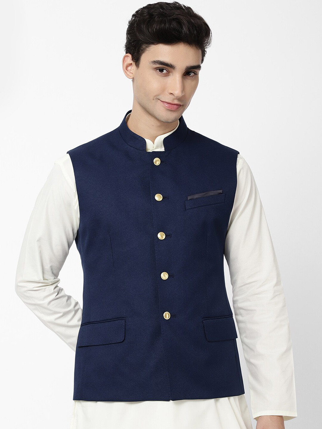 Buy AD By Arvind Men Navy Blue Solid Woven Nehru Jacket - Nehru Jackets ...
