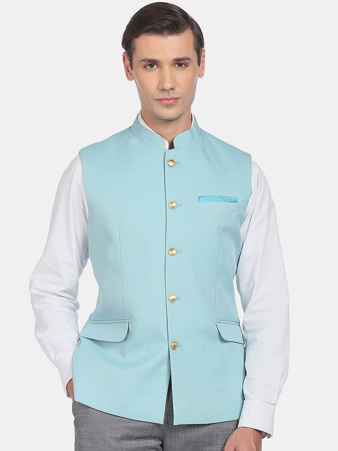 Buy AD By Arvind Men Blue Solid Woven Nehru Jacket - Nehru Jackets for ...