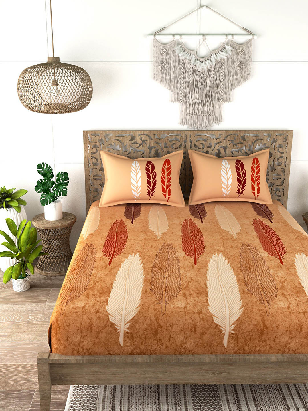 Buy EverHOME Brown & White Graphic 210 TC Cotton King Bedsheet With 2 ...
