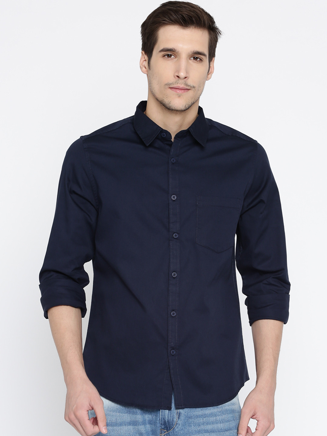 Buy HERE&NOW Men Navy Blue Regular Fit Solid Casual Shirt - Shirts for ...