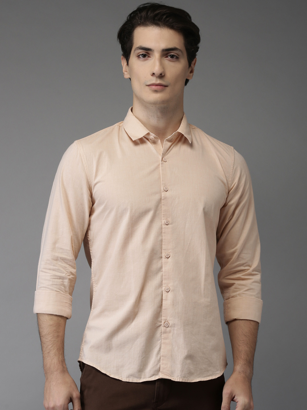 Buy HERE&NOW Men Peach Coloured Regular Fit Solid Casual Shirt - Shirts ...