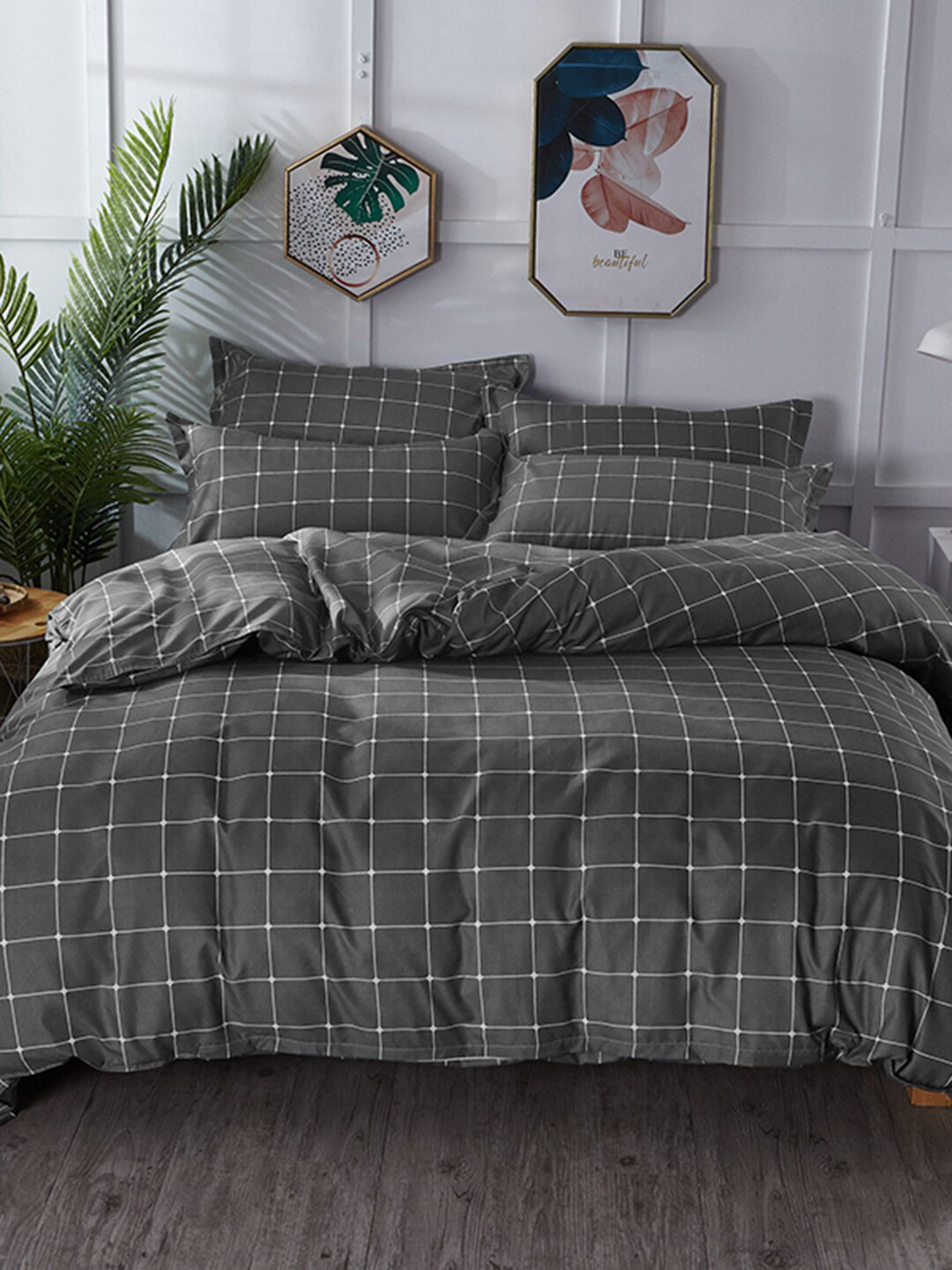 Buy JC HOME Black Checked Double Queen Reversible Bedding Set - Bedding ...