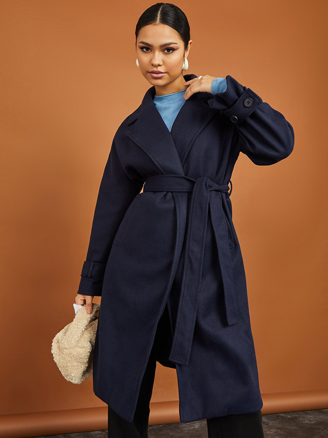 Buy Styli Women Navy Blue Solid Longline Overcoats - Coats for Women ...