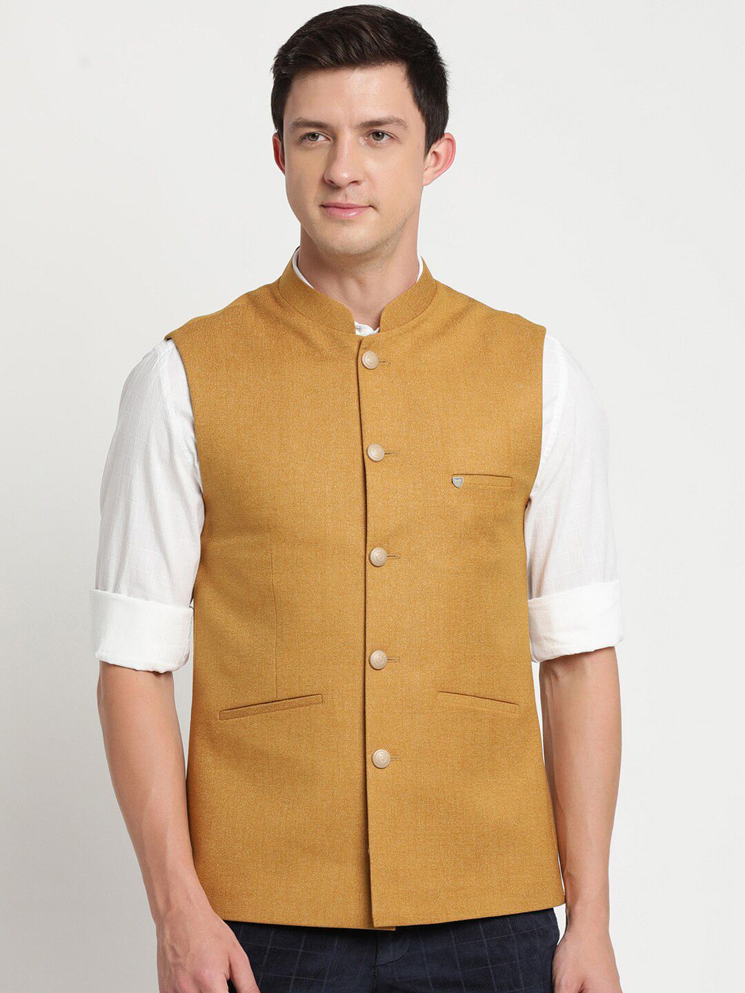 Buy Turtle Men Mustard Yellow Solid Woven Pure Cotton Nehru Jacket ...