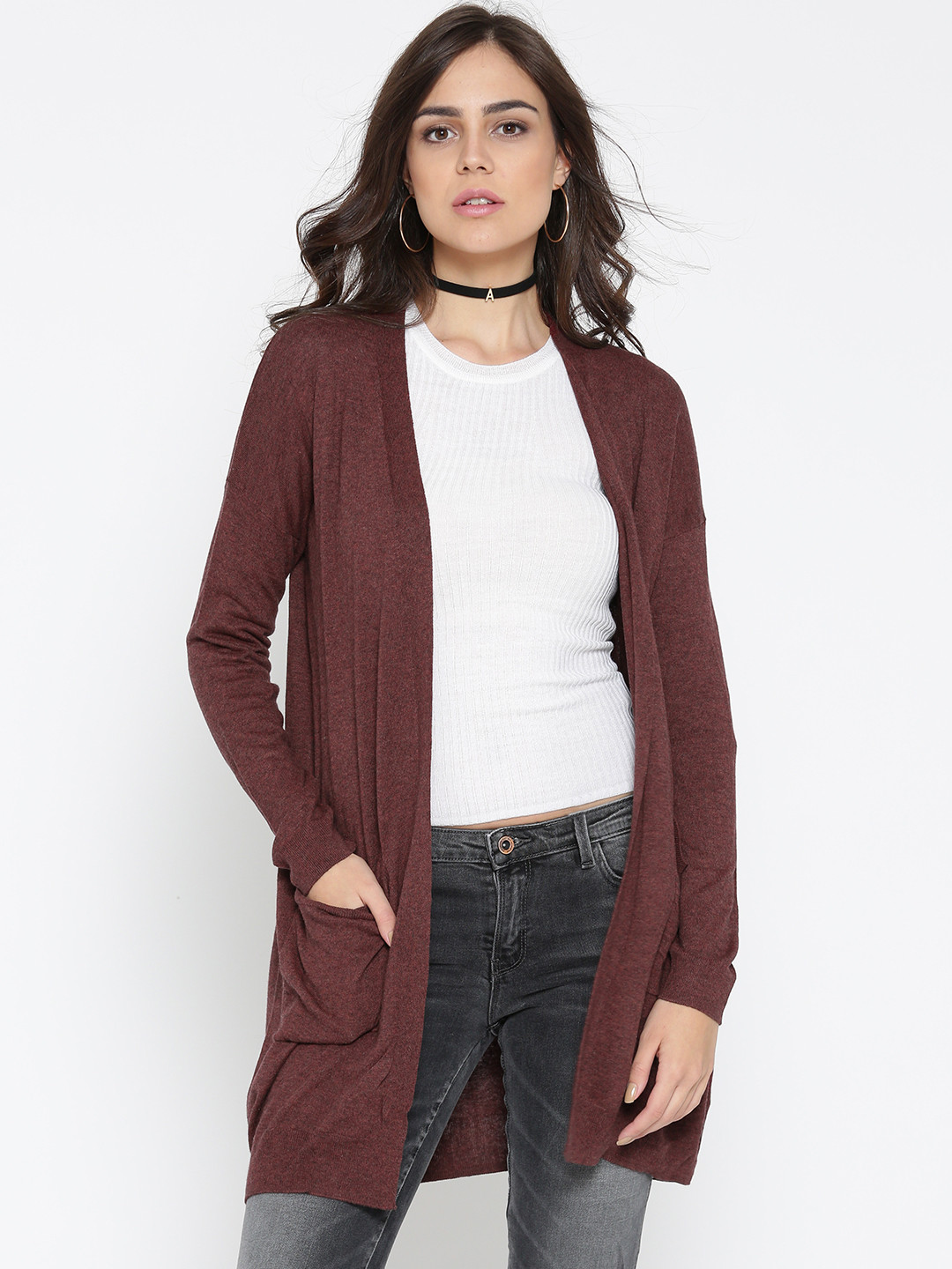 Buy FOREVER 21 Women Maroon Solid Longline Front Open Cardigan ...