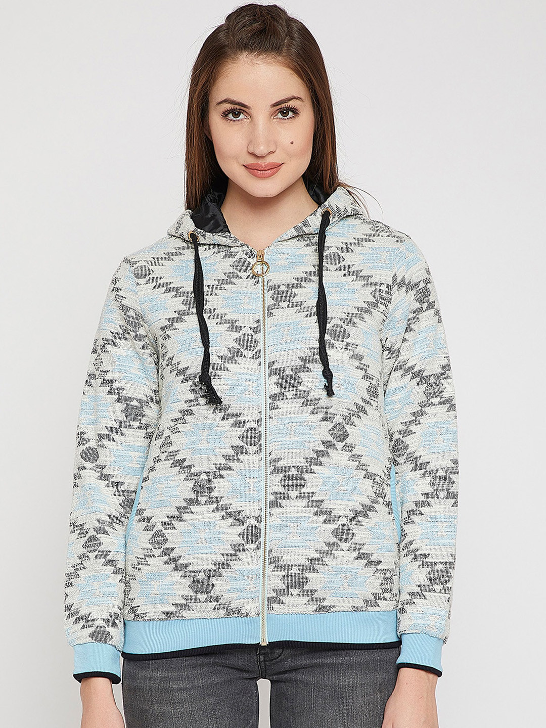 Buy Carlton London Women Blue Green Geometric Cotton Bomber Jacket ...
