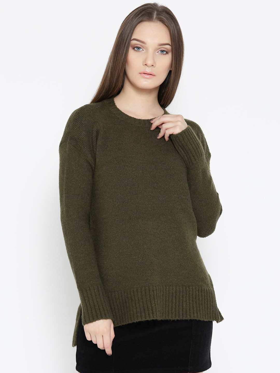 Buy FOREVER 21 Women Olive Green Solid Sweater - Sweaters for Women ...